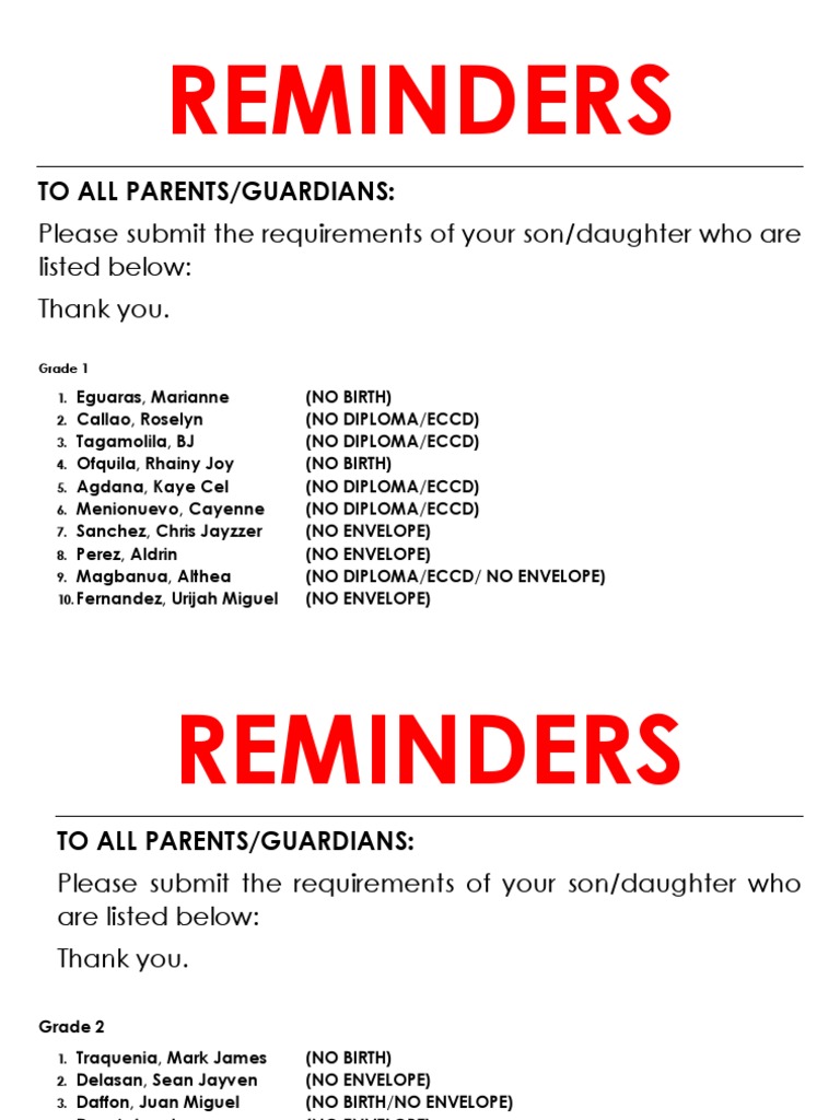 Reminders: To All Parents/Guardians | PDF