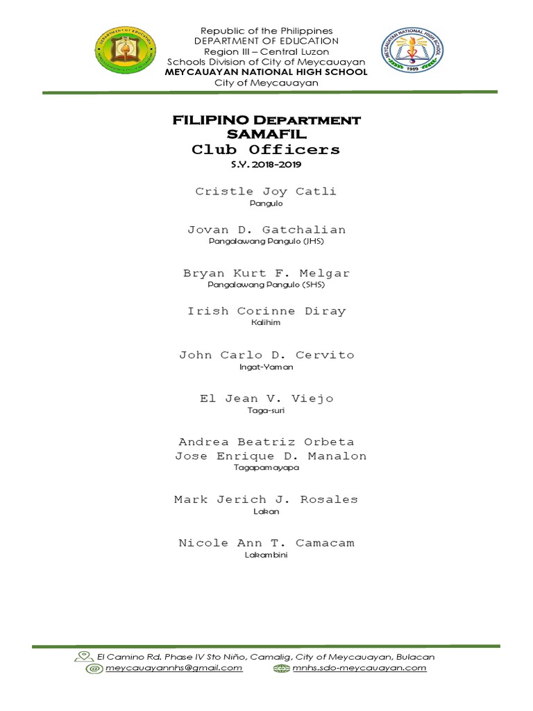 Club Officers: FILIPINO Department Samafil | PDF | Philippines