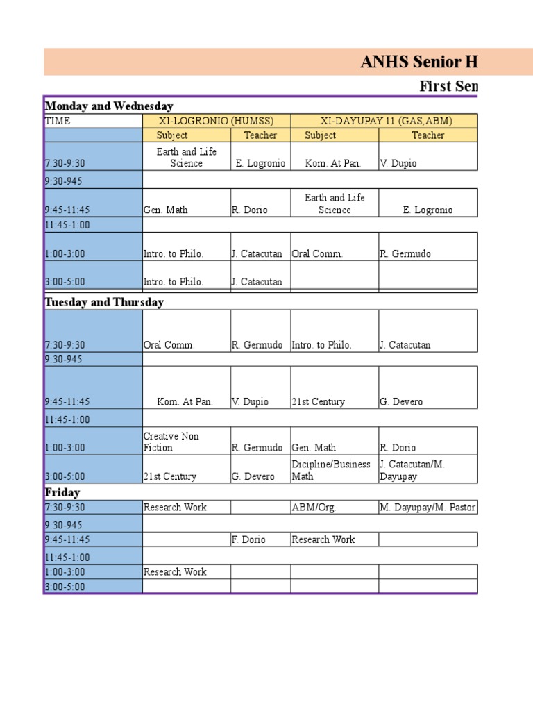 ANHS Senior High School Class Program: First Semester-SY 2018-2019 | PDF