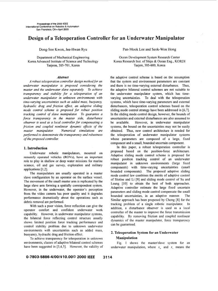 Design of A Teleoperation Controller For An Underwater Manipulator ...