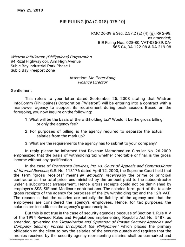 BIR Ruling DA - C-018 075-10 | PDF | Value Added Tax | Withholding Tax