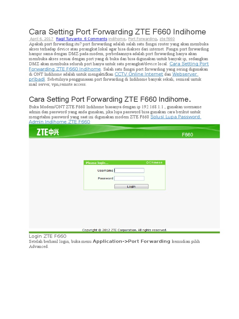 Cara Setting Port Forwarding ZTE F660 Indihome | PDF | Bisnis | Komputer