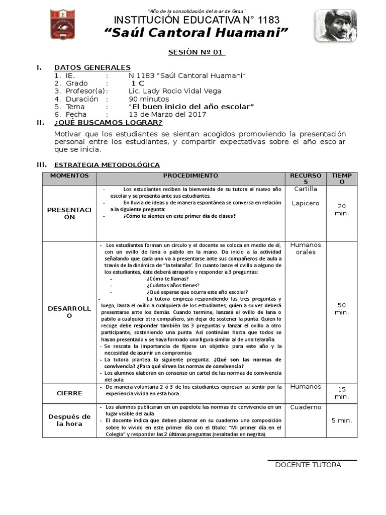 Sesion Del Buen Inicio Del Ano Escolar Pdf Estudiantes Maestros