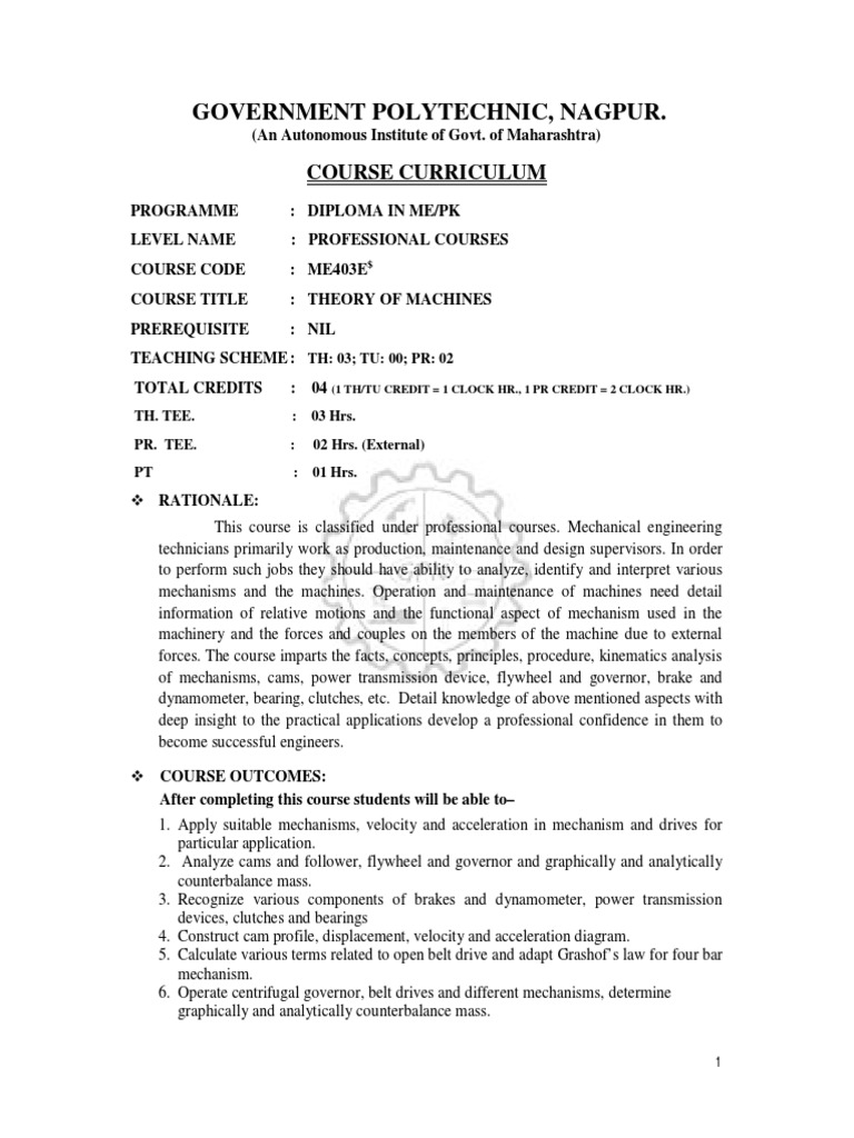 Government Polytechnic, Nagpur.: Course Curriculum | Download Free PDF | Transmission (Mechanics ...