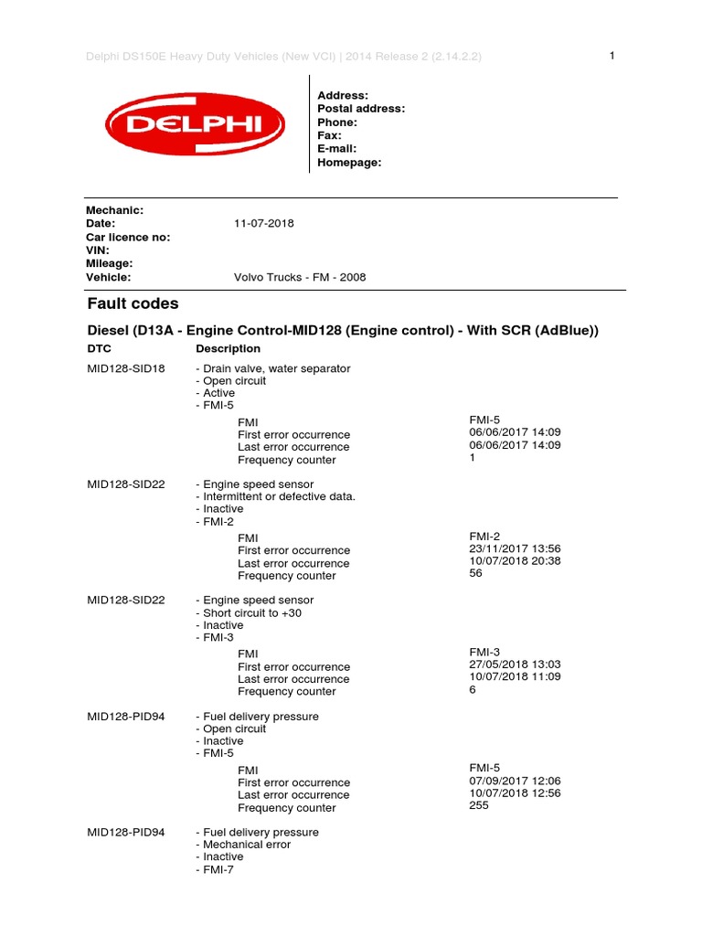 Fault Codes: Diesel (D13A - Engine Control-Mid128 (Engine Control ...