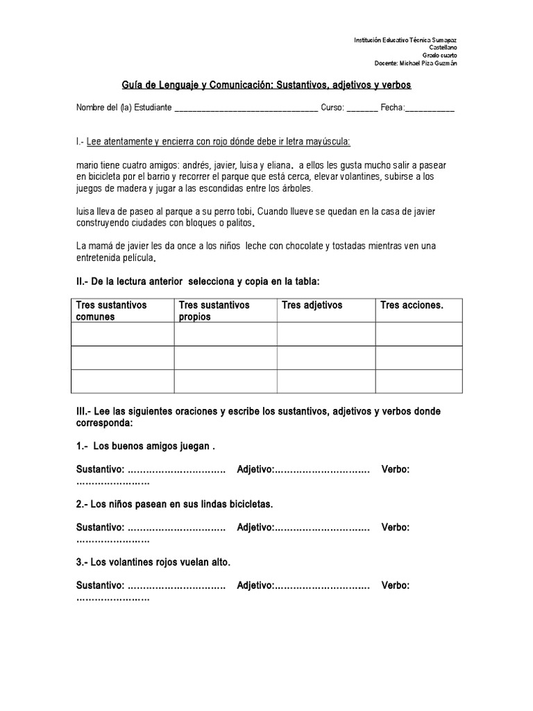 Guía Sustantivos Adjetivos y Verbos | PDF | Adjetivo | Mecánica del ...