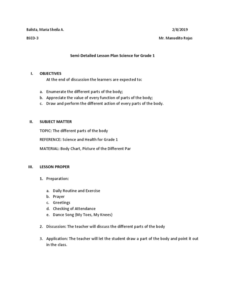 Semi-Detailed Lesson Plan Science For Grade 1: Balista, Maria Sheila A ...