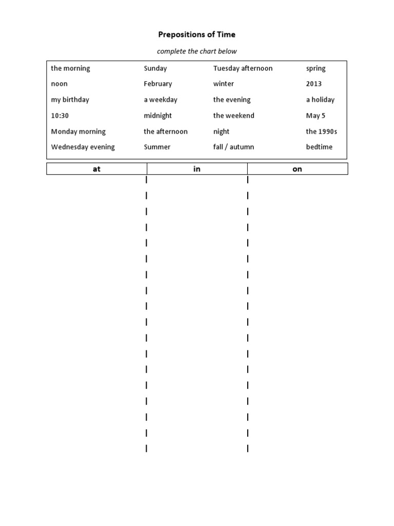 Completing a Chart of Prepositions of Time | PDF