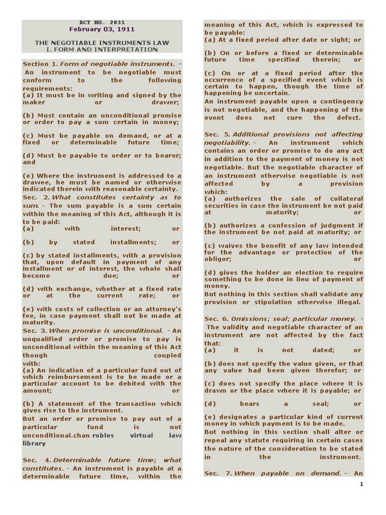 Negotiable Instruments Law | PDF | Negotiable Instrument | Civil Law ...