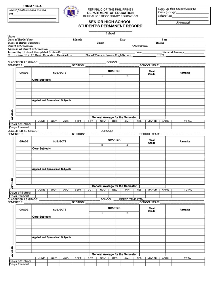 FORM 137 SHS.doc | Middle Schools | Behavior Modification