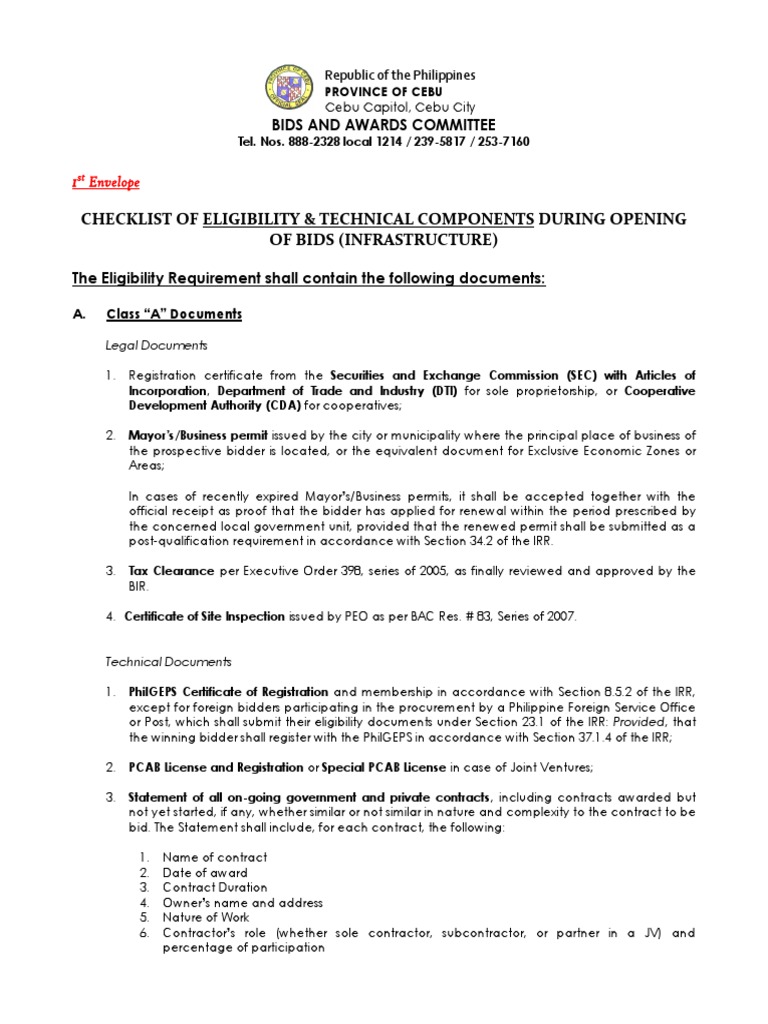 Checklist of Eligibility & Technical Components During Opening of Bids ...