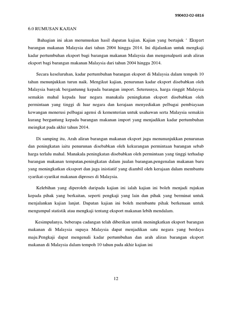 Contoh Rumusan Rumusan Dan Cadangan Kajian Ekonomi Tingkatan 6 | PDF