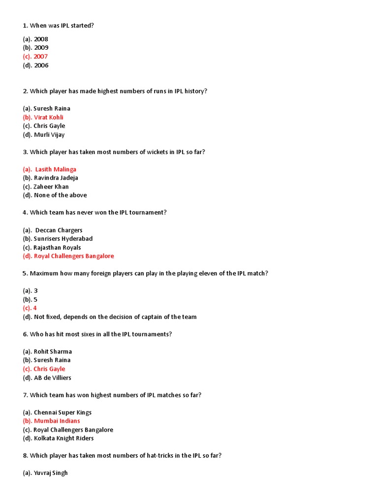 Ipl Quiz Questions | Download Free PDF | International Cricket ...
