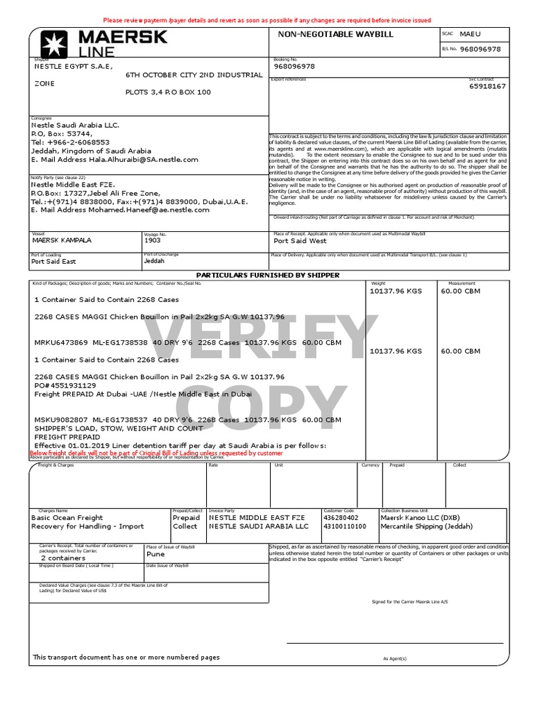 Verify Copy: Non-Negotiable Waybill | PDF | Cargo | Bill Of Lading