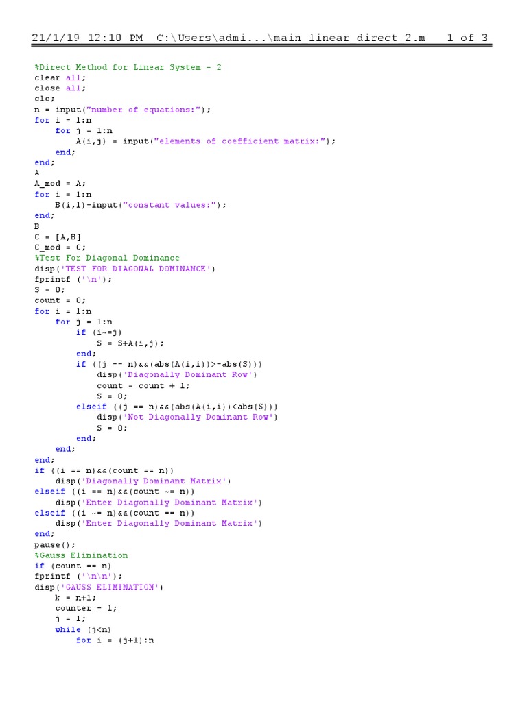 Main Linear Direct 2.m | PDF | System Of Linear Equations ...