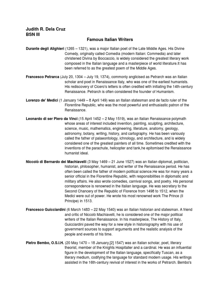 Judith R. Dela Cruz BSN Iii Famous Italian Writers | PDF | Renaissance ...