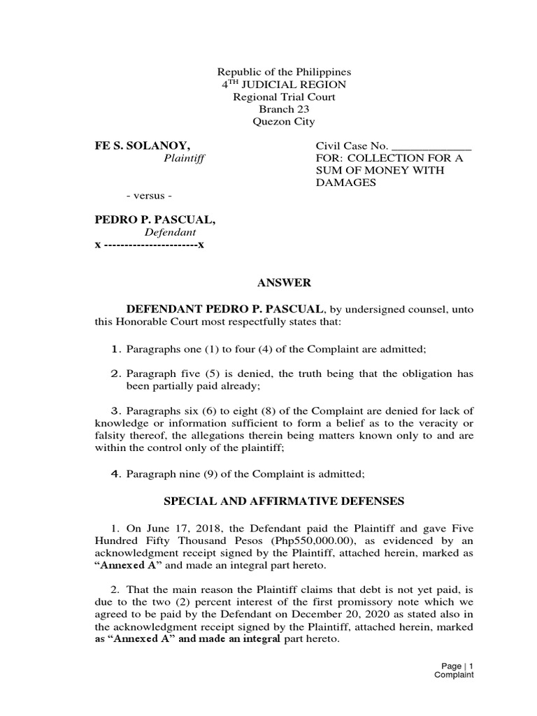 ANSWER | PDF | Lawsuit | Complaint