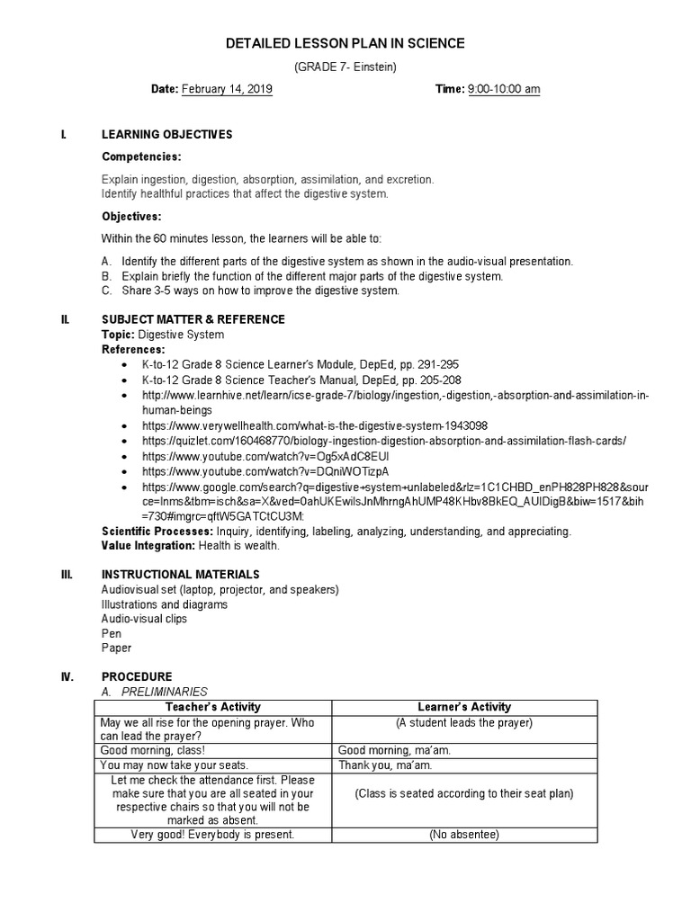 Grade 7 Digestive System Lesson Plan | PDF | Human Digestive System ...