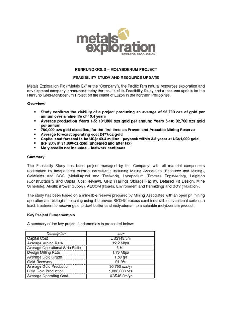 FCF Runruno Gold-Molybdenum Project PDF | PDF | Nature | Business