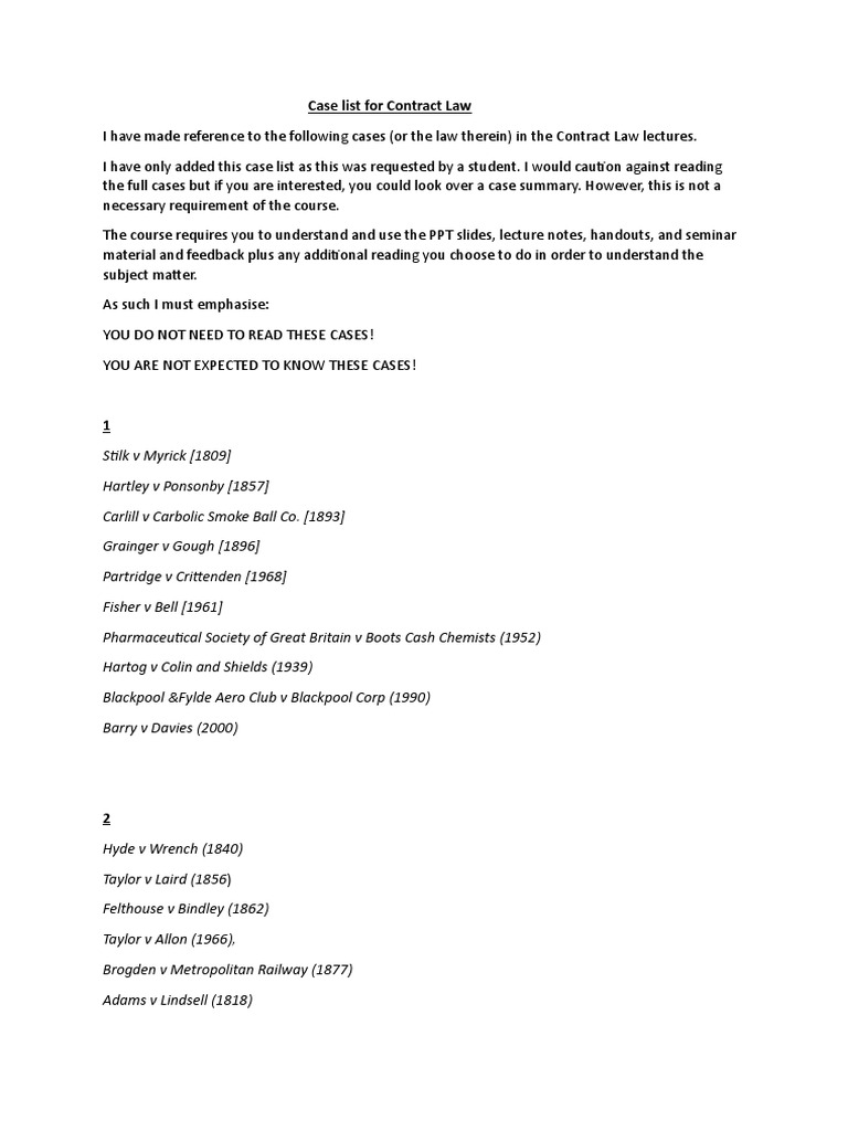 Contract Law Case List Overview | PDF | English Law | Legal Disputes