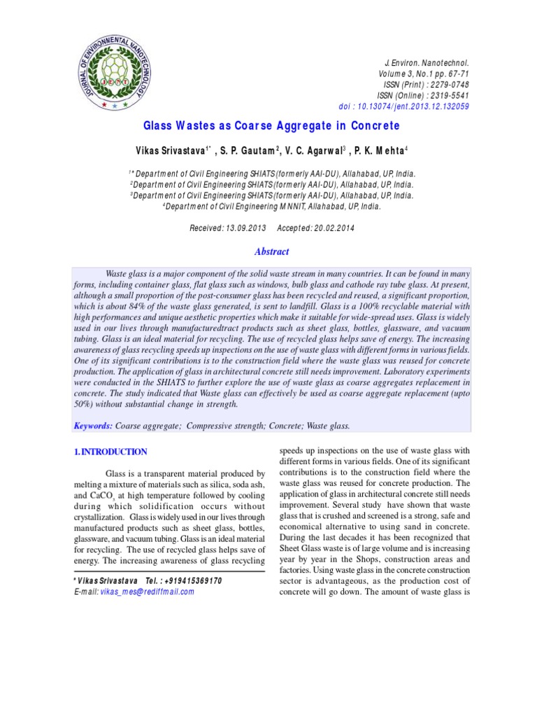 Waste Glass as Coarse Aggregate in Concrete | PDF | Construction ...