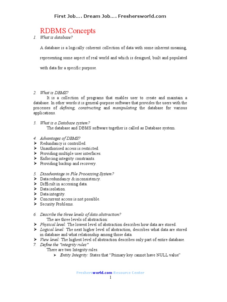 RDBMS Concepts: Freshers Resource Center | PDF | Relational Database | Databases
