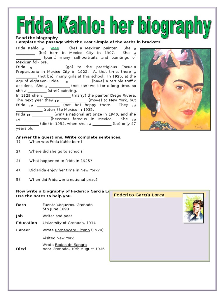Frida Kahlo Biography Exercise | PDF