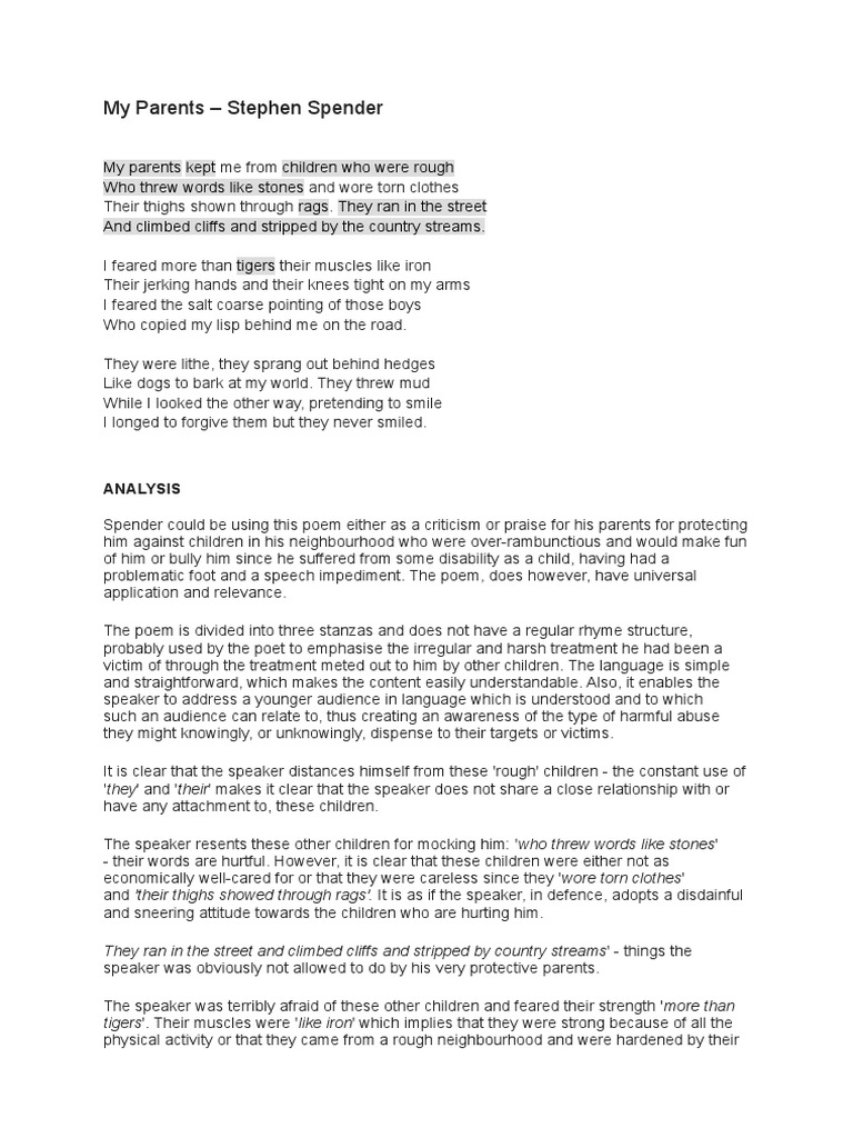 My Parents - Analysis | PDF | Poetry | Jealousy