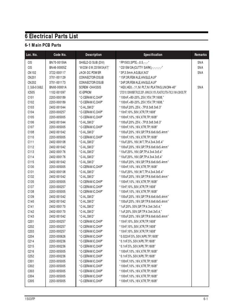 6 Electrical Parts List | PDF | Electronic Circuits | Electrical Components