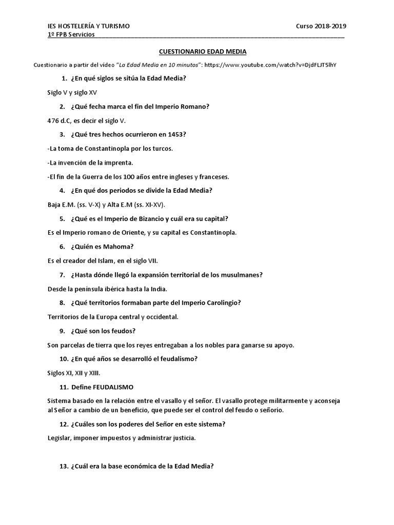 Cuestionario Edad Media - Corregido | PDF | Edades medias | Feudalismo
