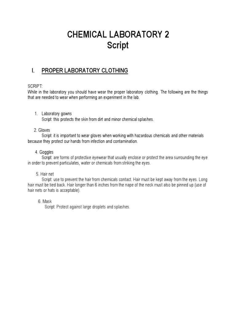 Chemical Laboratory 2 Script: I. Proper Laboratory Clothing | PDF ...