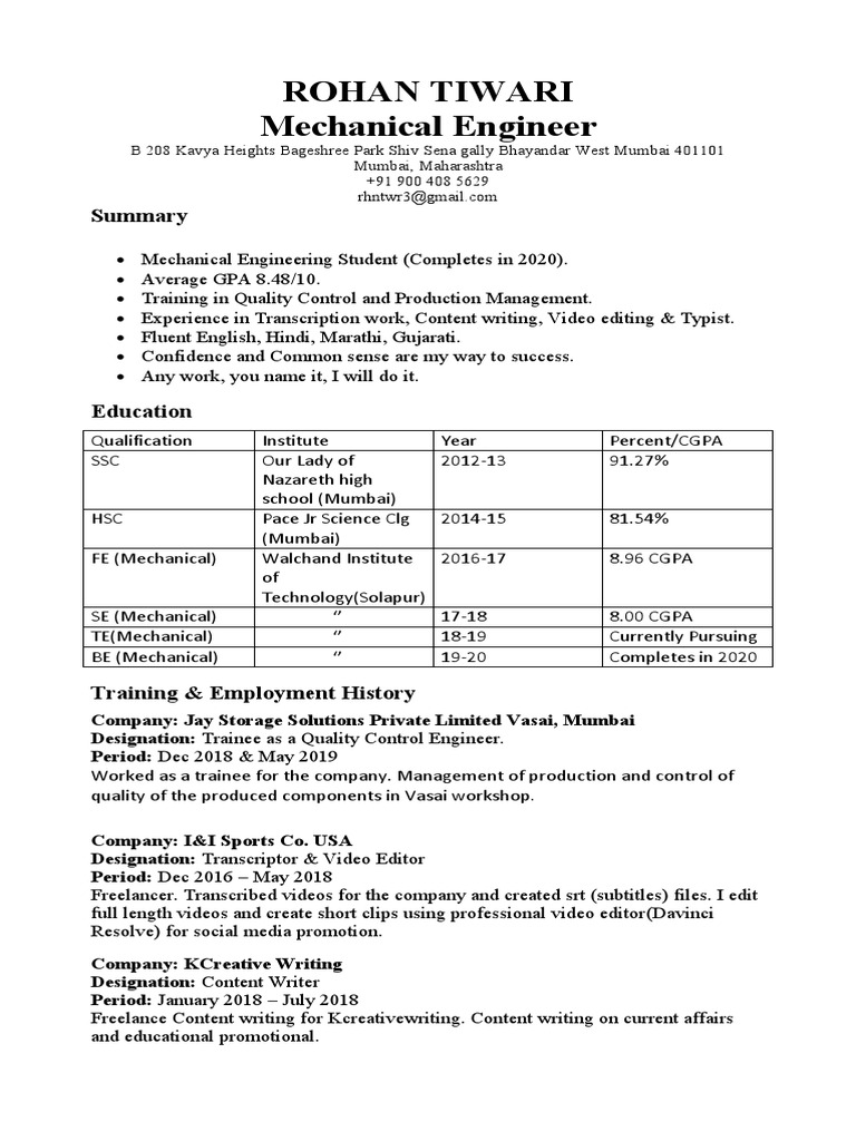 Rohan Tiwari Mechanical Engineer | Download Free PDF | Mumbai