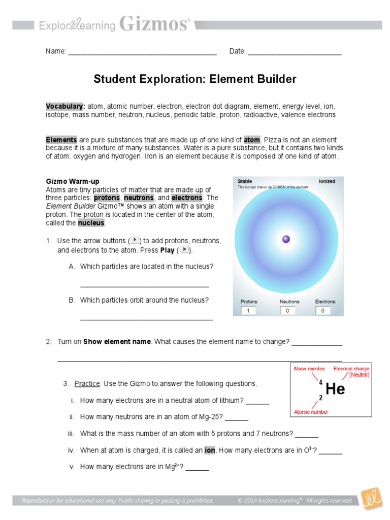 Element Builder Gizmo - ChemH | PDF | Atoms | Proton