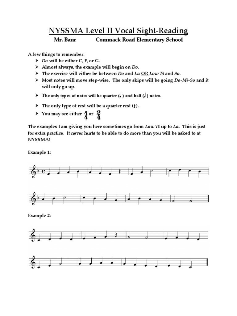NYSSMA Level II Vocal Sight-Reading Guide | PDF