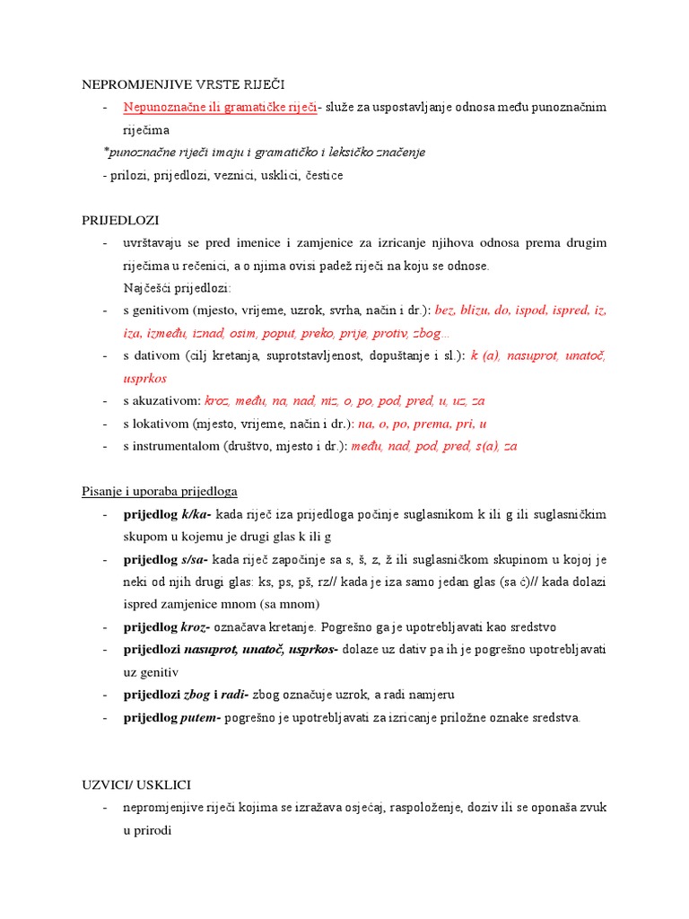 NEPROMJENJIVE VRSTE RIJEČI - Za Sat | PDF