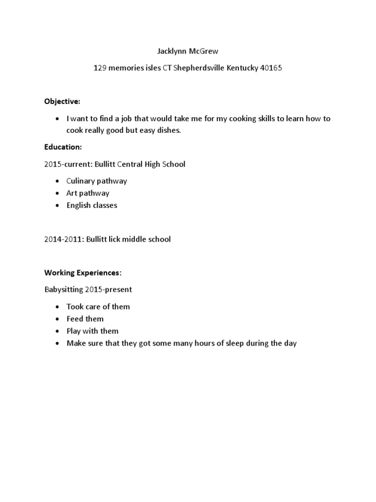 Aspiring Culinary Student's Resume | PDF | Cooking, Food & Wine | Wellness