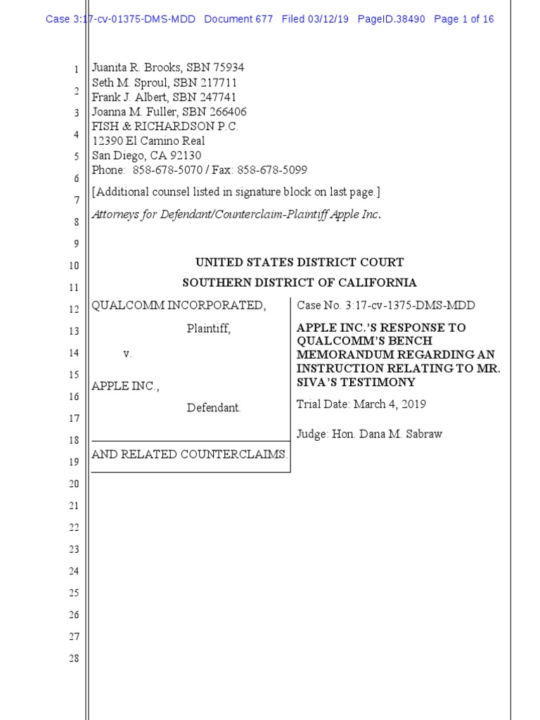 19-03-12 Apple Response To Qualcomm Bench Memo Re. Siva Instruction ...