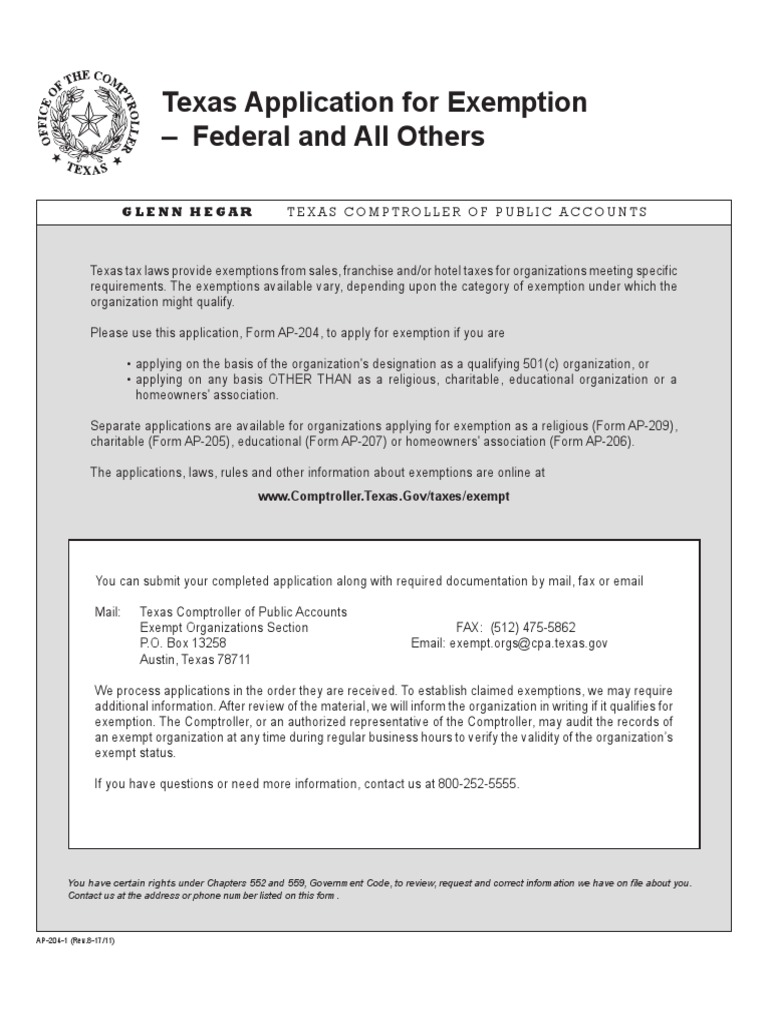 Texas Application For Exemption - Federal and All Others | PDF | Tax ...