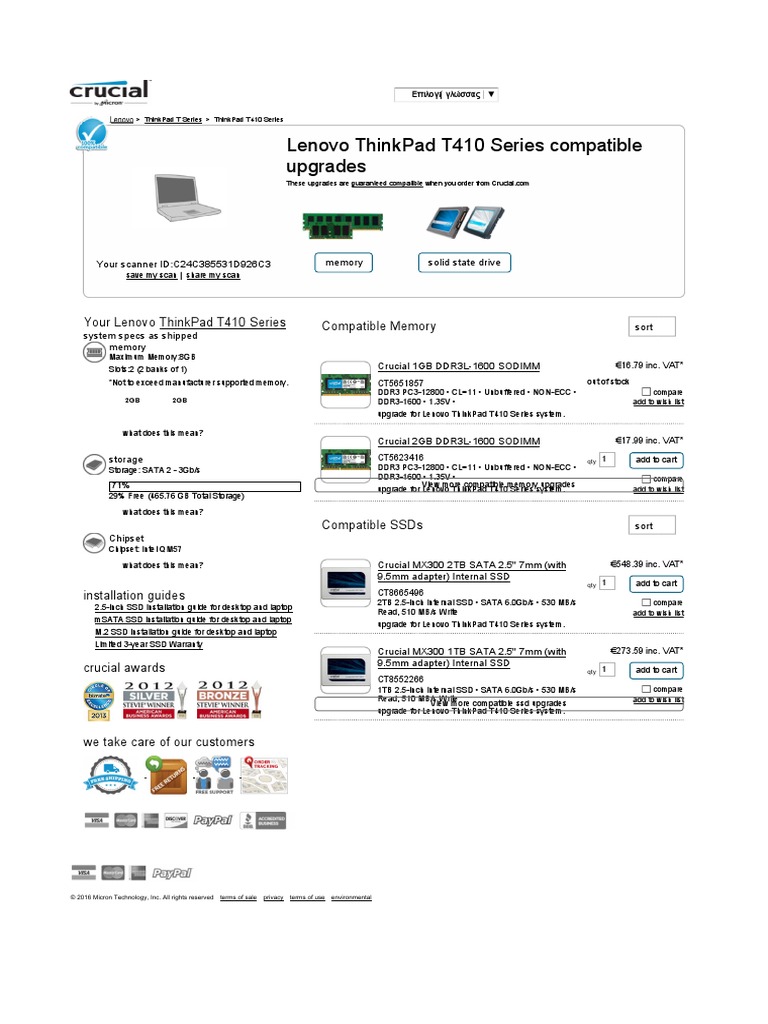 RAM & SSD Upgrades - Lenovo ThinkPad T410 Series - Crucial EU | PDF ...