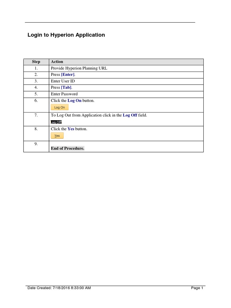 Login To Hyperion Application: Step Action | PDF | Login | Computer ...