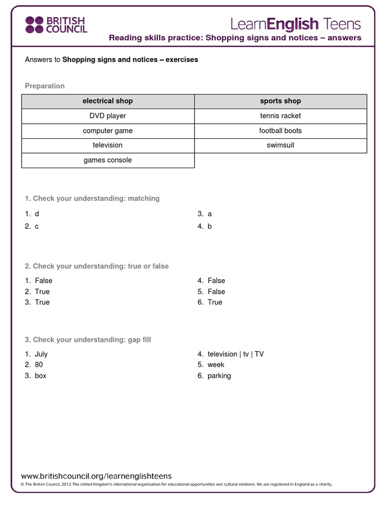 Shopping Signs - Answers 1 | PDF | Games & Activities