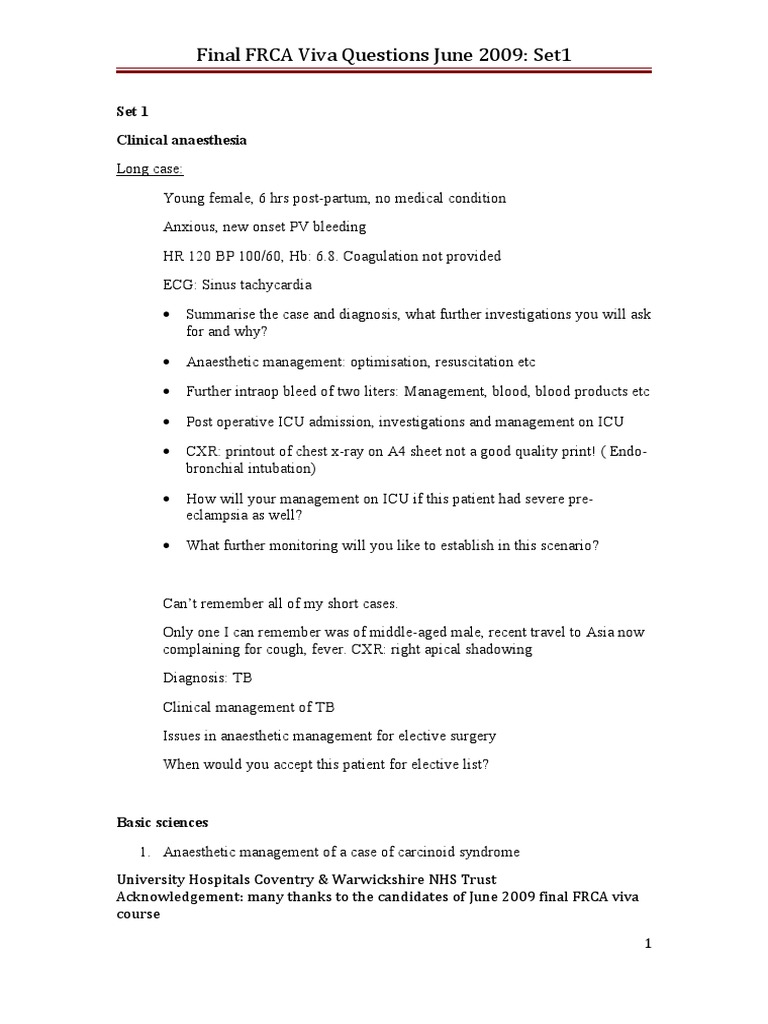Set1 - Final FRCA Viva Qs - June 2009 PDF | PDF | Anesthesia | Heart