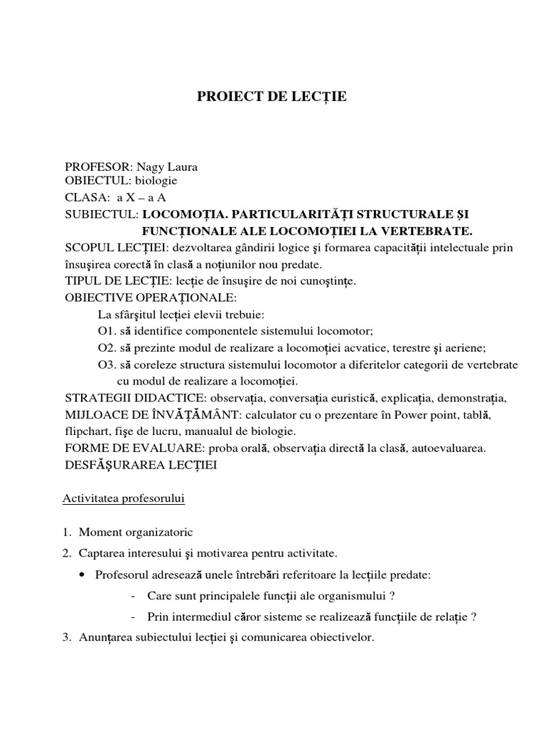 Locomotia La Animale Proiect de Lectie X PDF | PDF