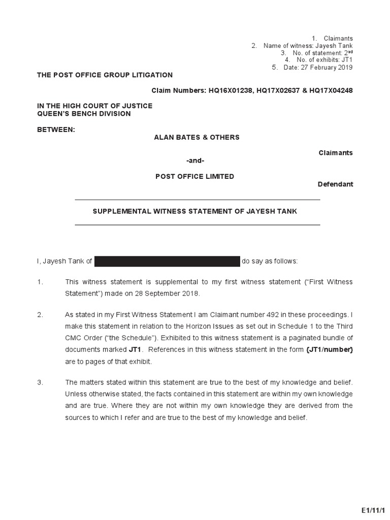 Horizon Trial: Jayesh Tank Witness Statement 2 | PDF | Witness | Lawsuit