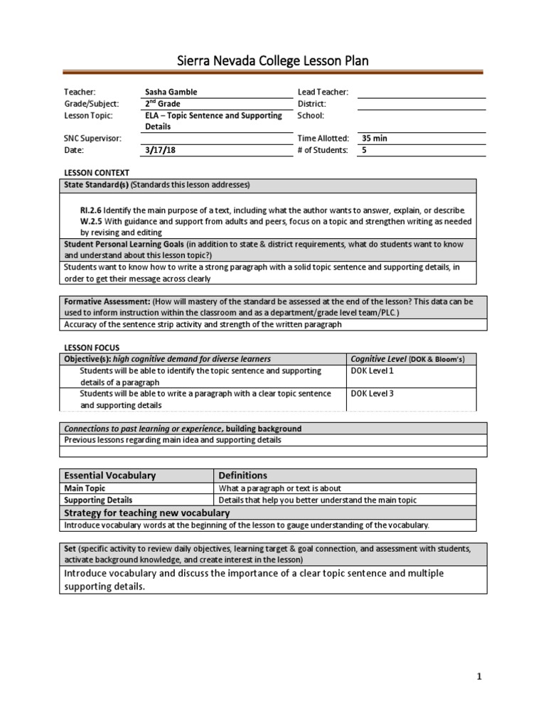 2nd Grade Topic Sentence Lesson Plan | PDF | Lesson Plan | Vocabulary