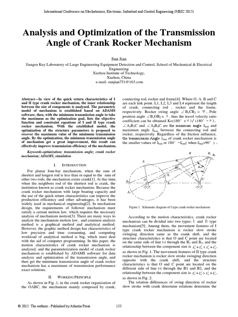 Analysis and Optimization of The Transmission Angle of Crank Rocker ...