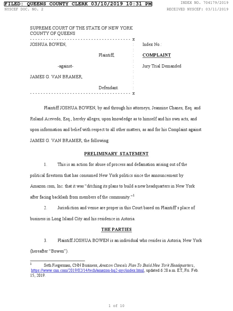 Bowen V Van Bramer Complaint With Exhibit | PDF | First Amendment To ...