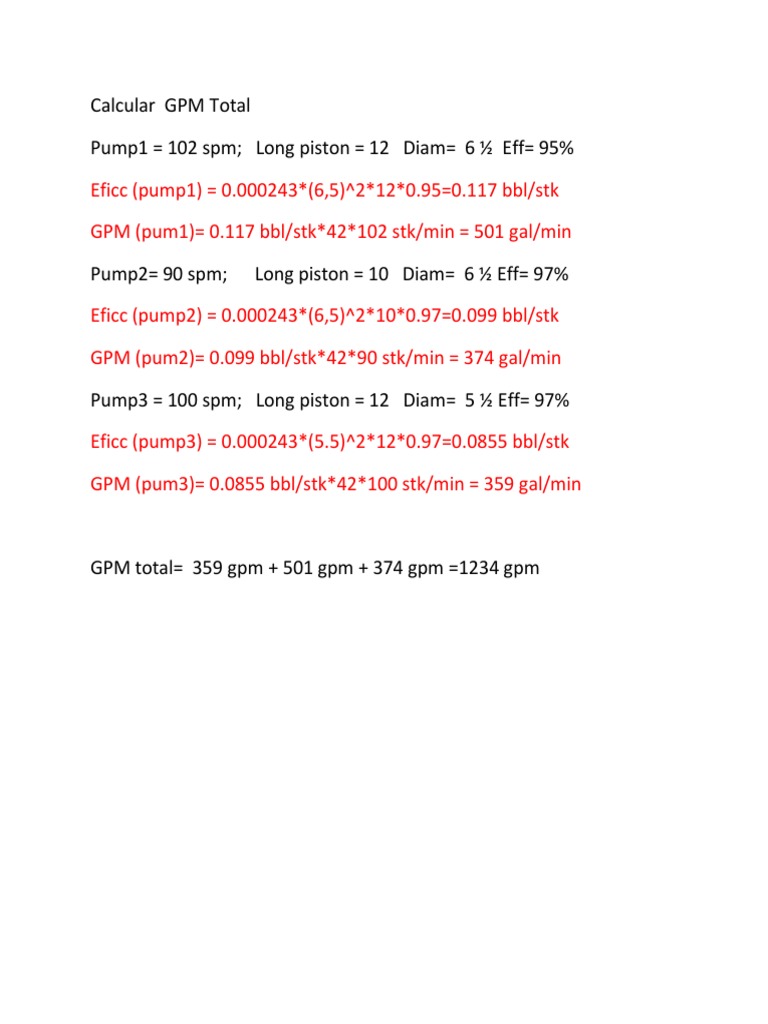Calcular GPM Total Pump1 102 SPM Long Piston 12 Diam 6 Eff 95% | PDF