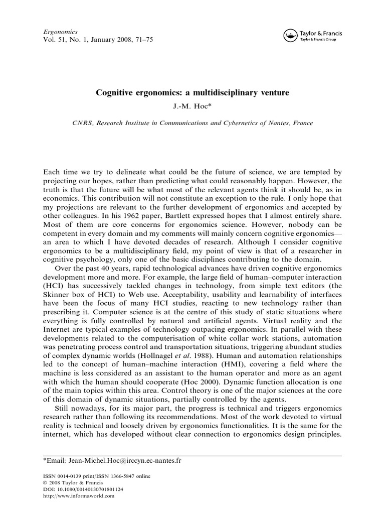 Cognitive Ergonomics - A Multidisciplinary Venture | PDF | Human Factors And Ergonomics | Human ...
