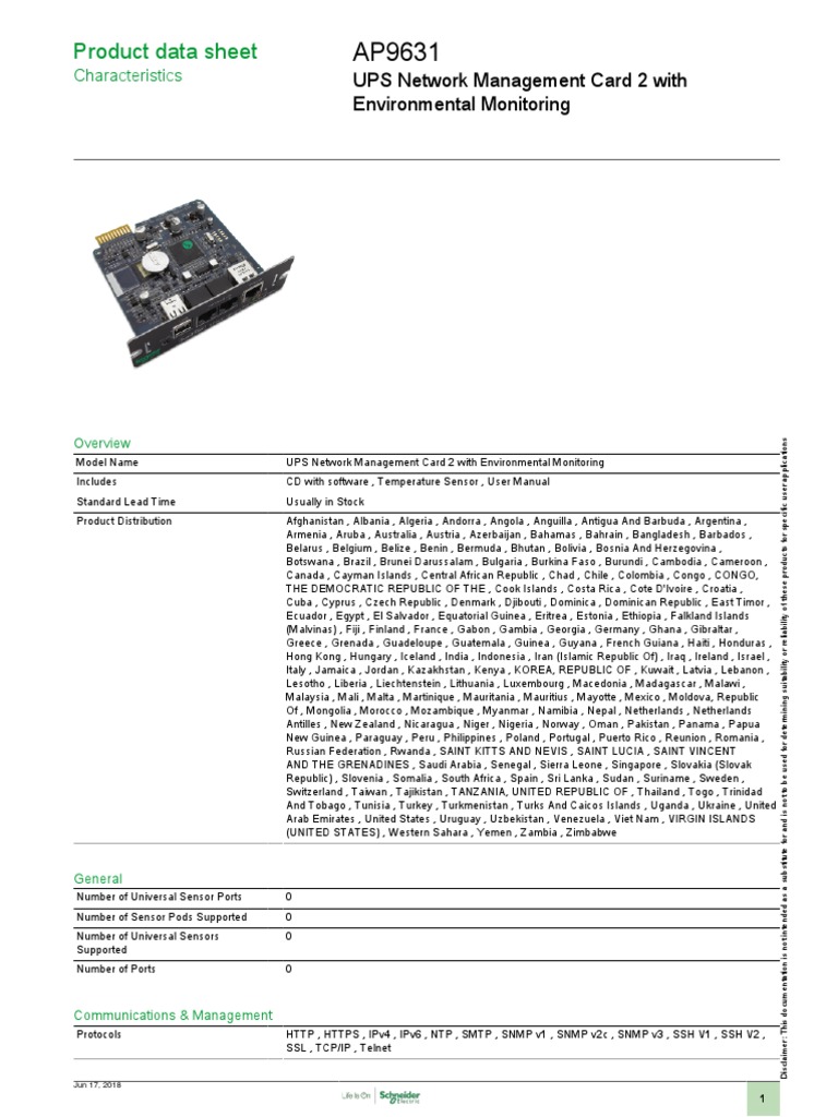 Product Data Sheet: UPS Network Management Card 2 With Environmental ...